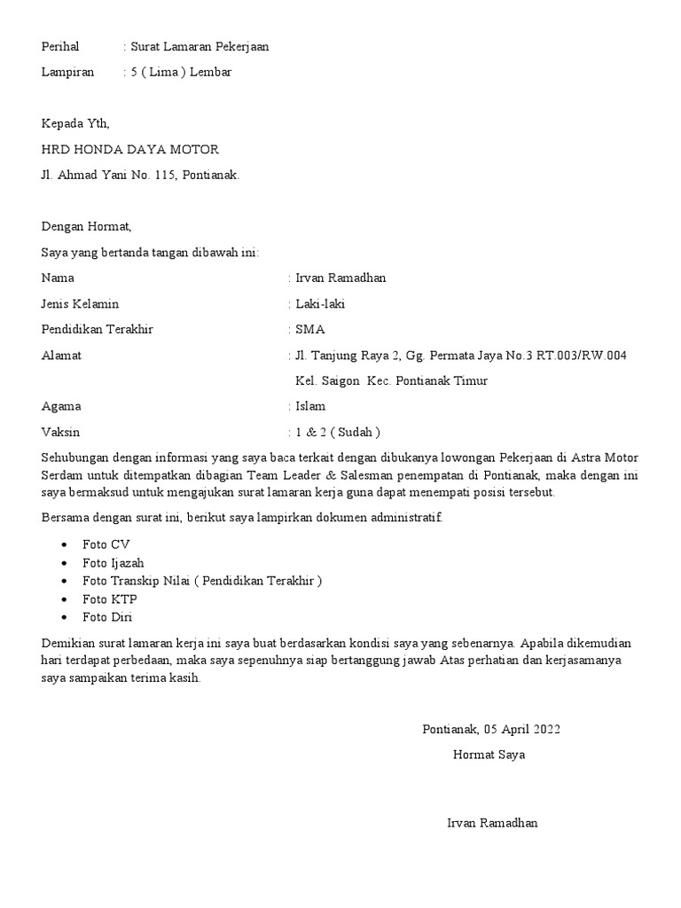 Surat Lamaran Kerja Irvan Ramadhan | PDF