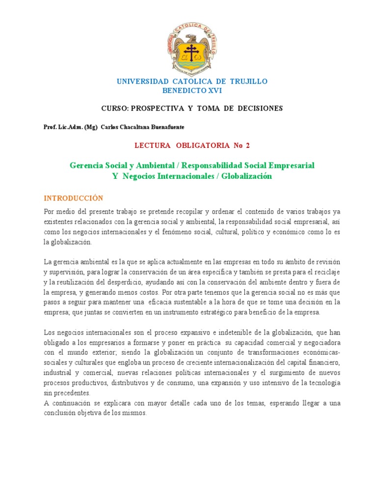 2DO CONTROL DE LECTURA PROSPECTIVA Gerencia Social RSE GLOBALIZACION | PDF | Responsabilidad ...