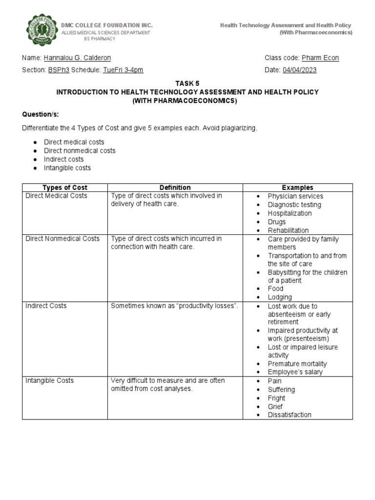Task 5-Pharm Econ | PDF | Health Care | Clinical Medicine