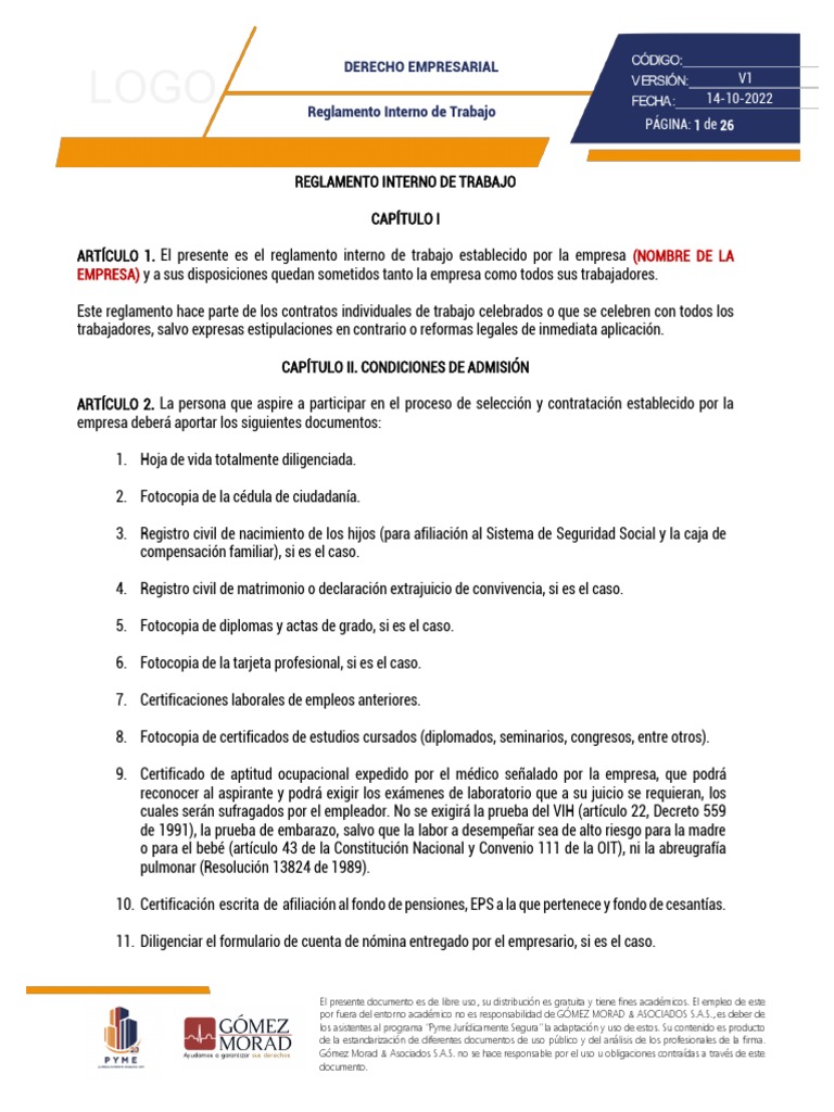 Reglamento Interno de Trabajo Pyme | PDF