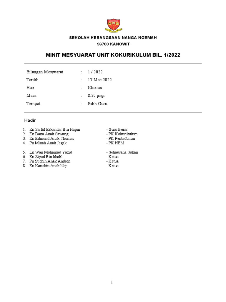 Minit Mesyuarat Unit Koku Bil 1 2021 - 2022 SKNN | PDF