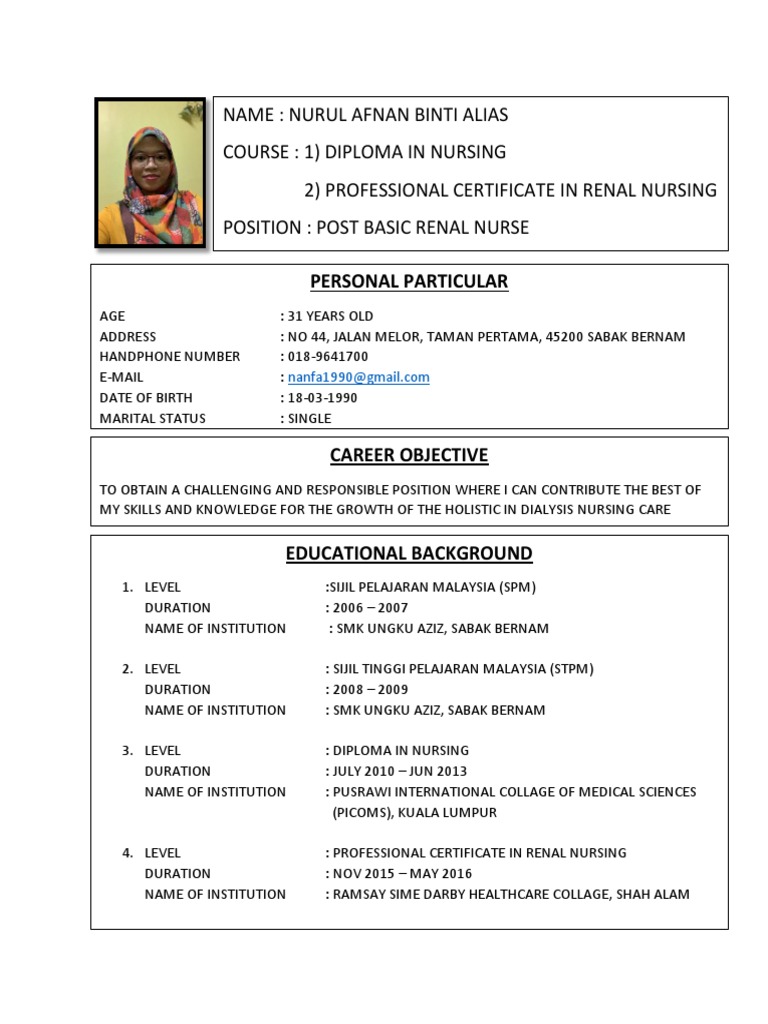 Curriculum Vitae of Nurul Afnan binti Alias Seeking a Position as a ...