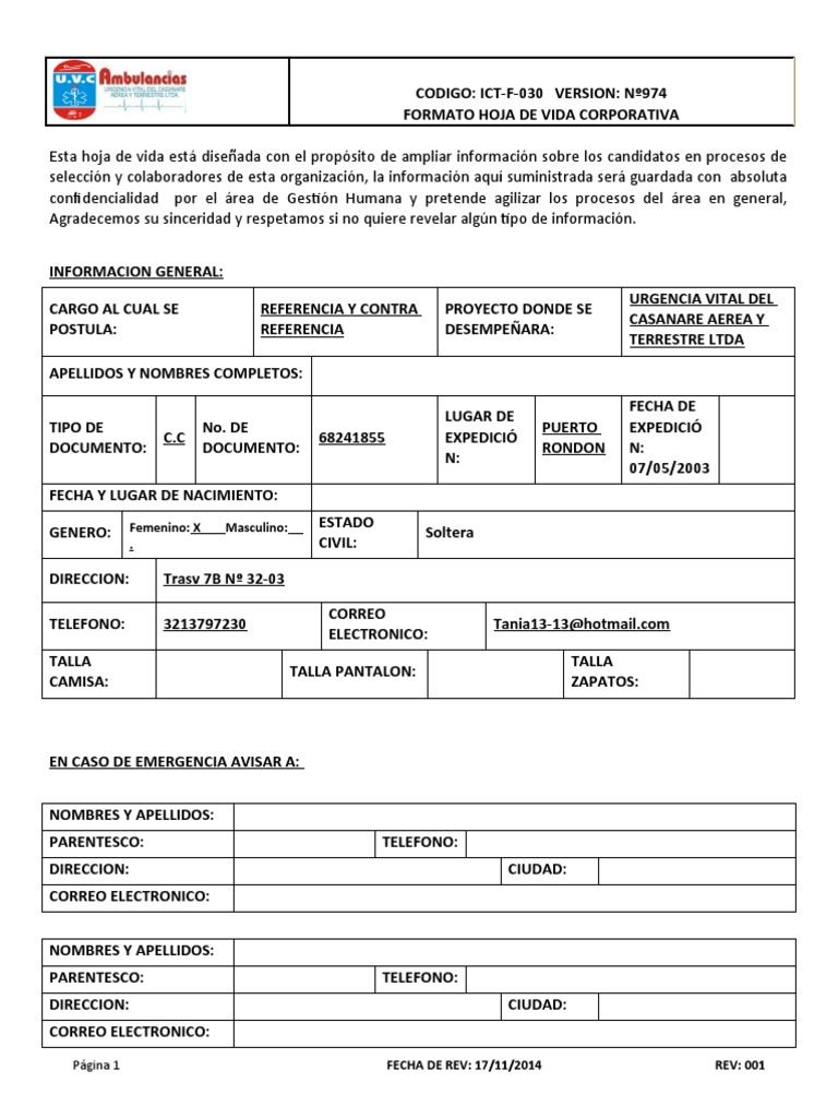 formato hoja de vida corporativa | PDF