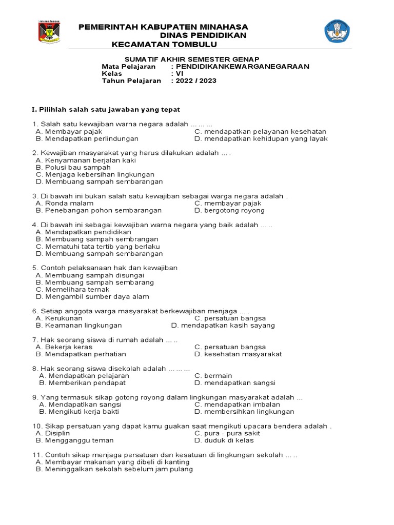Soal Sumatif Akhir Semester Genap PKN KLS 6 | PDF