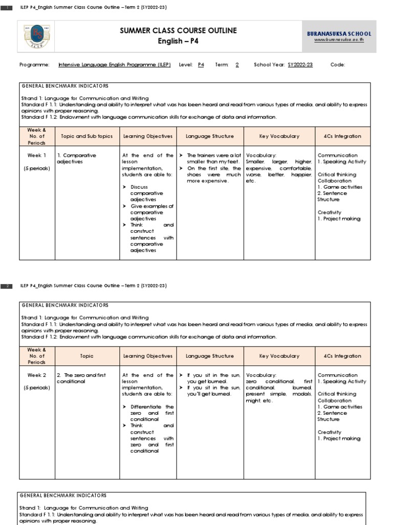 P5 - ILEP - English - Summer Class - Course Outline | PDF | Communication | Vocabulary