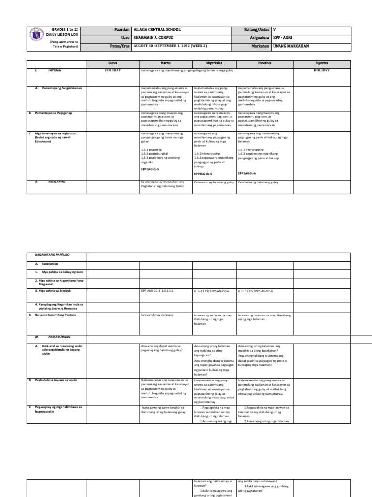 DLL - Epp5 Q1 Week 2 Agri | PDF