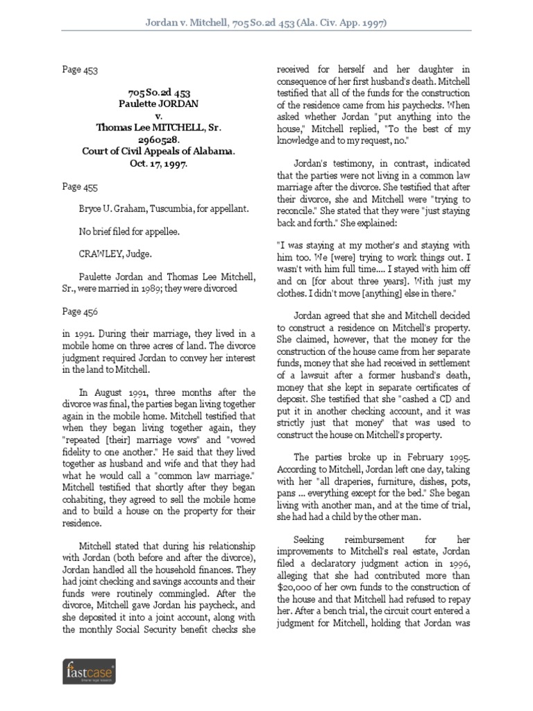 Jordan V Mitchell 705 So2d 453 Ala Civ App 1997 | PDF | Restitution ...