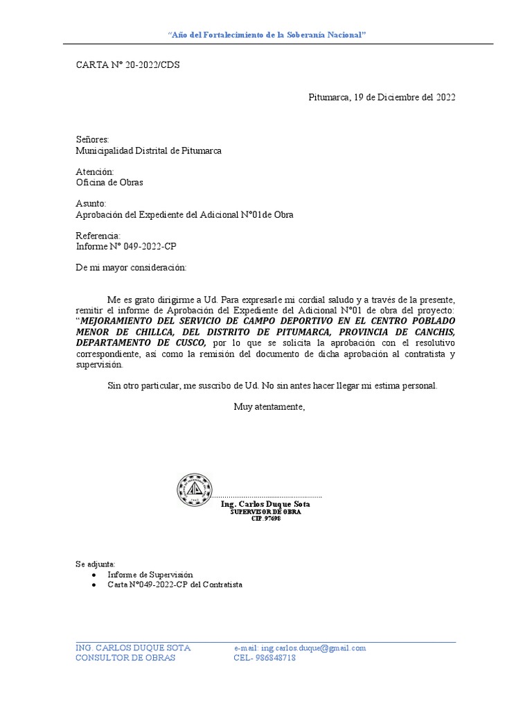 1.-Carta #20-2022 de Aprobacion Del Adicional N°01 de Obra | PDF