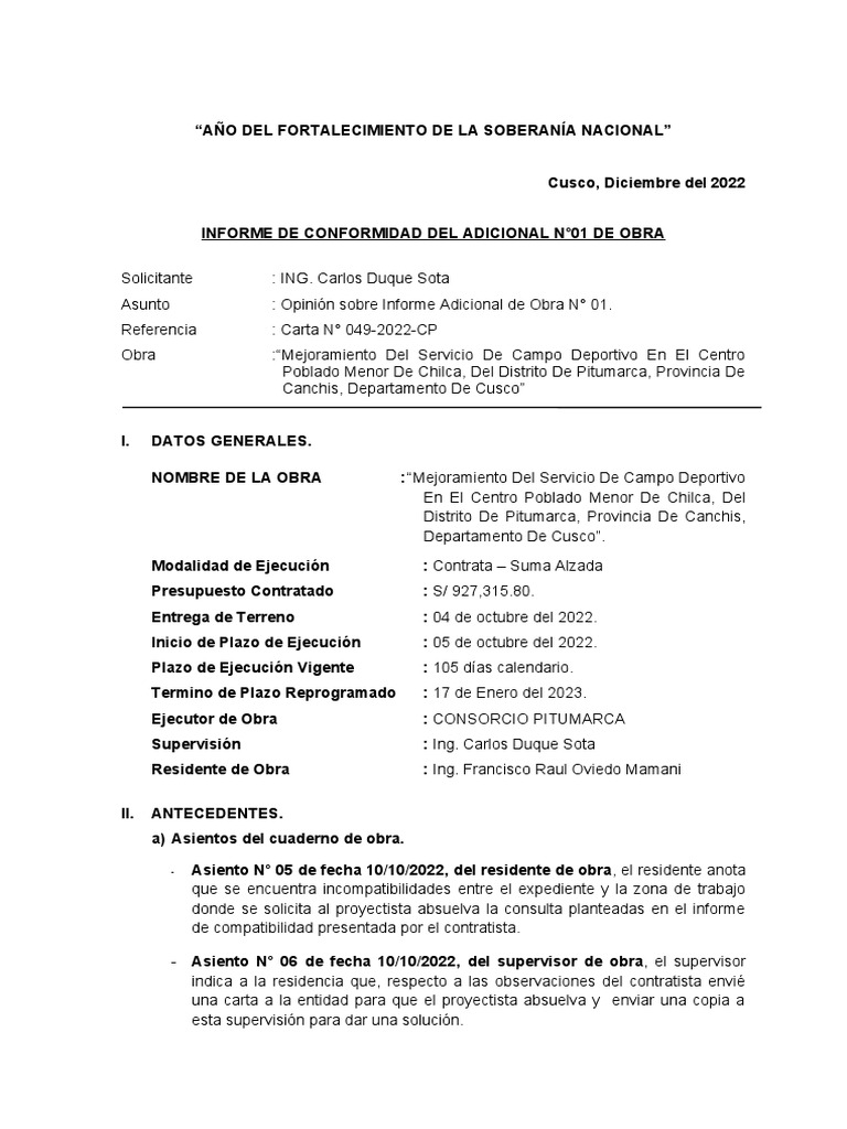 2.-Informe de Aprobacion Del Adicional N°01 de Obra | PDF | Presupuesto