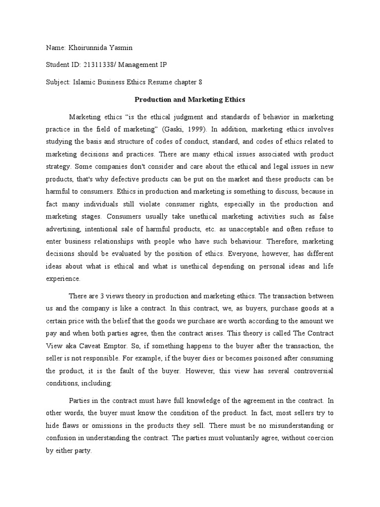 Islamic Business Ethics Resume Chapter 8 | PDF | Marketing | Economies