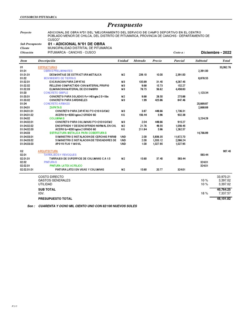 03.-Presupuesto Del Adicional N°01 | PDF | Ingeniería estructural | Materiales de construcción