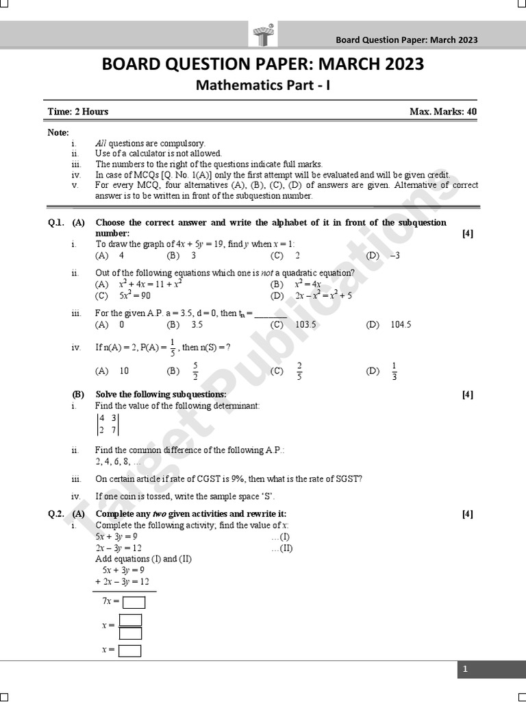 10 Board Question Paper Part I - Mar 2023 - 640f0b1864c21 PDF | PDF | Elementary Mathematics ...