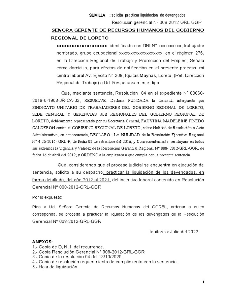 Escrito Gorel Solicitando Calculo de Devengados de 008-2012 | PDF ...
