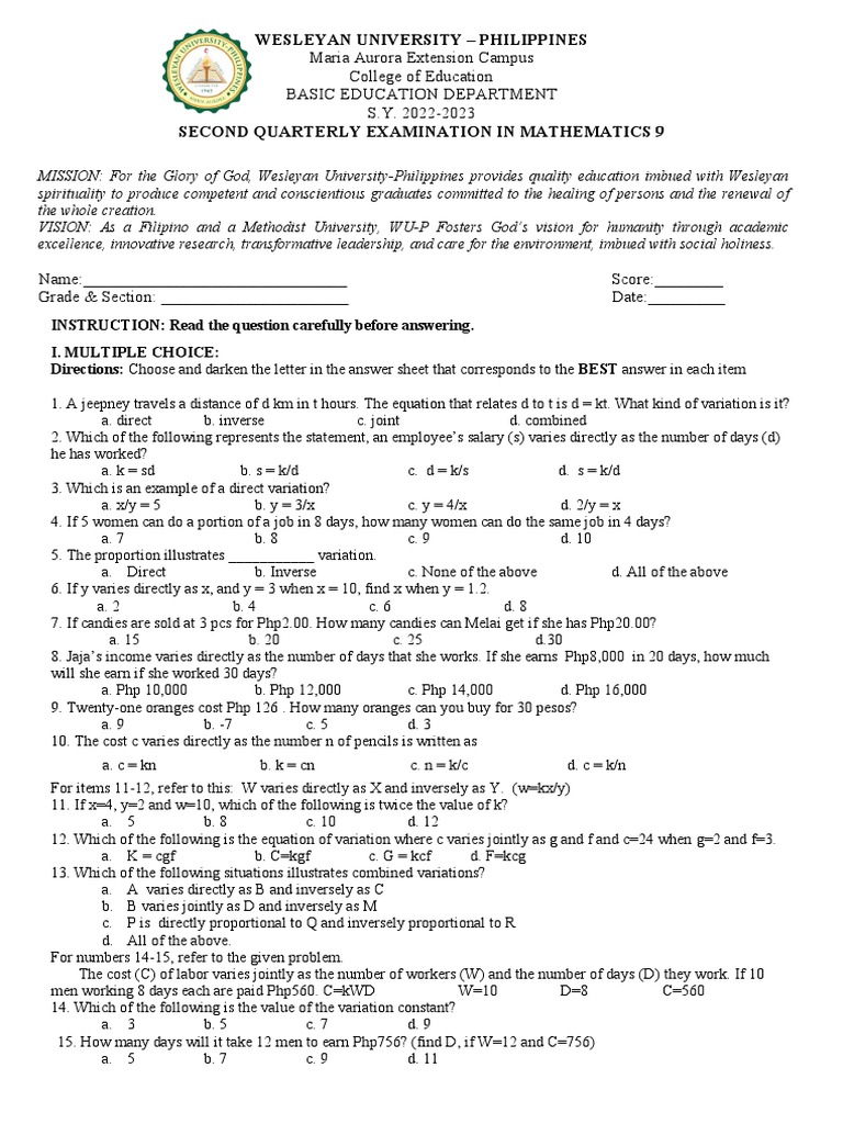 2nd Periodical Exam G9 | PDF | Methodism