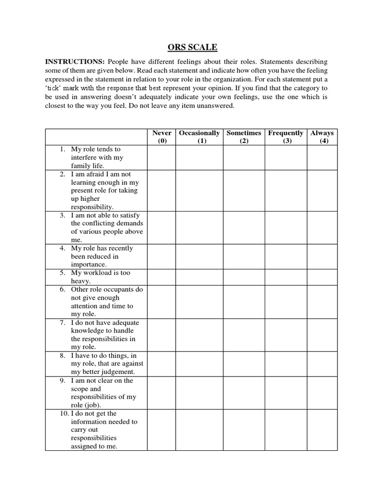 Ors Scale: INSTRUCTIONS: People Have Different Feelings About Their Roles. Statements Describing ...