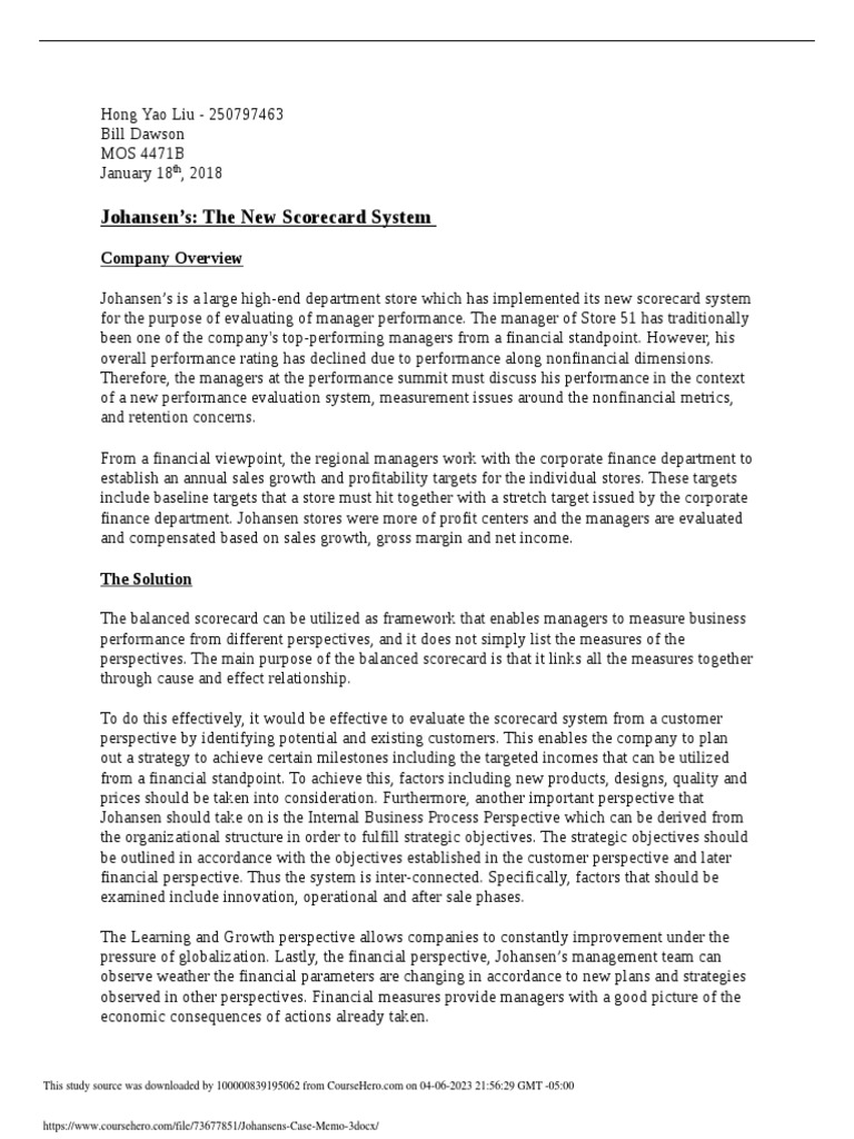 Johansen S Case Memo 3 | PDF | Strategic Management | Performance Indicator