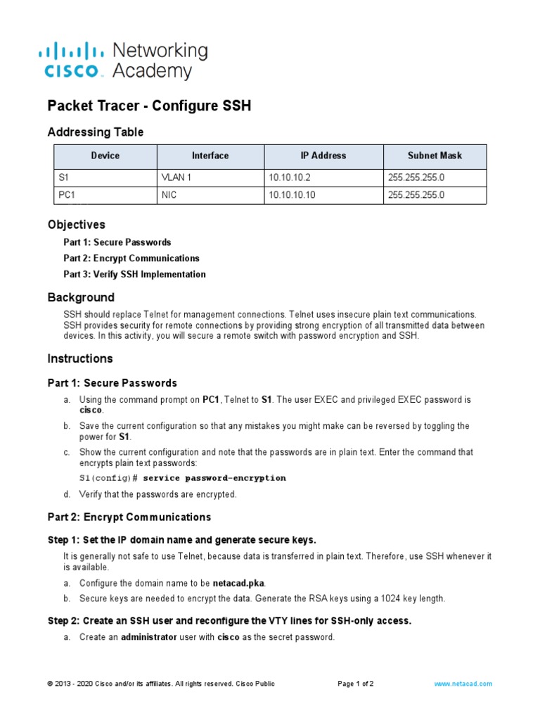 1.3.6 Packet Tracer - Configure SSH | PDF