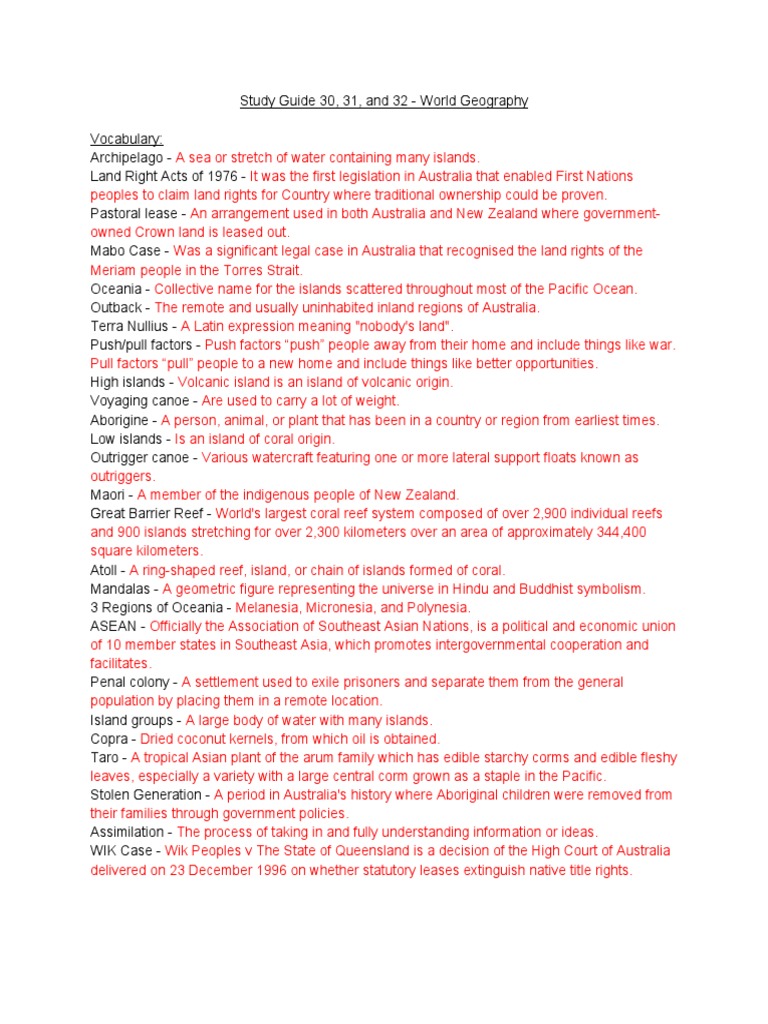 Study Guide 30, 31, and 32 - World Geography | PDF | Island | Oceania