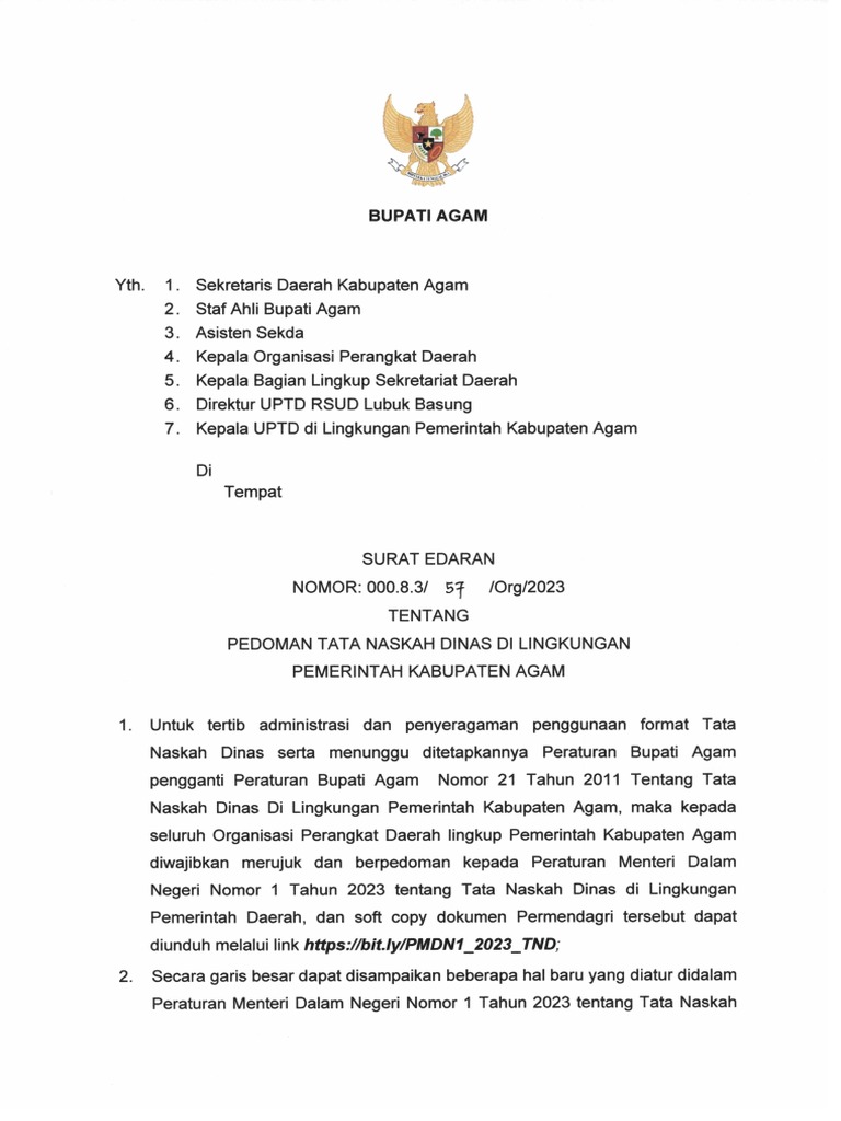 Se Bupati Agam Tentang TND Di Lingkungan Pemerintah Kabupaten Agam PDF | PDF