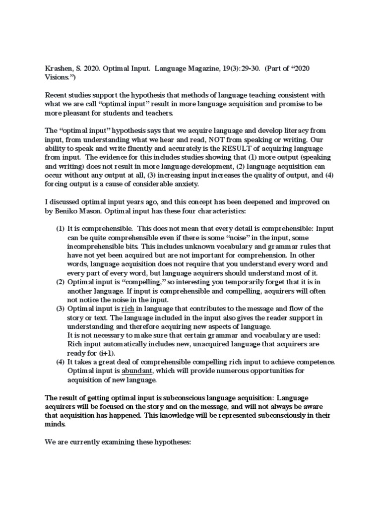 Optimal Input Krashen 2020 | Download Free PDF | Language Acquisition ...