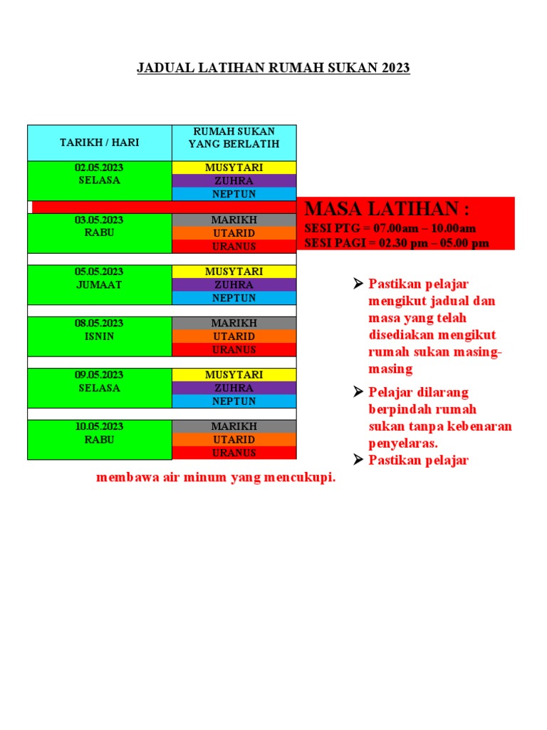 Jadual Latihan Rumah Sukan 2023 | PDF