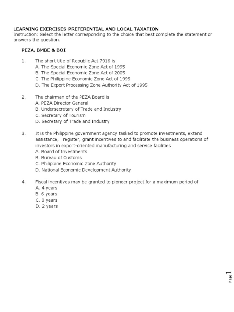 Tax111 - Preferential Taxation Local Taxation Learning Exercises ...