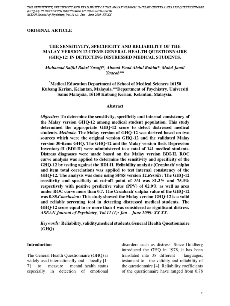 GHQ 2 | PDF | Sensitivity And Specificity | Cronbach's Alpha