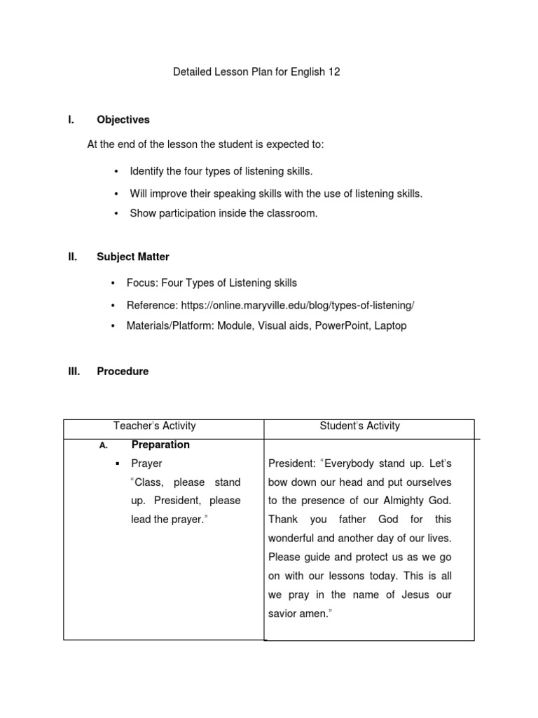 English 12 Lesson Plan: Listening Skills | PDF | Lesson Plan | Prayer