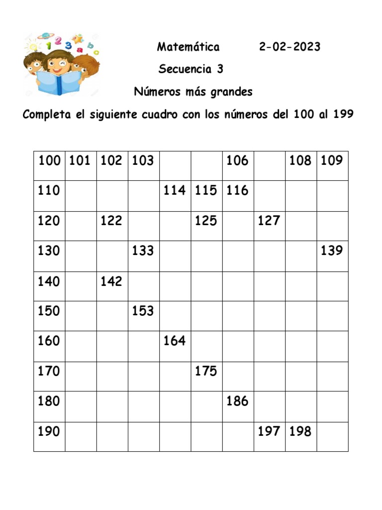 Cuadro de Numeros Del 100 Al 199 | PDF
