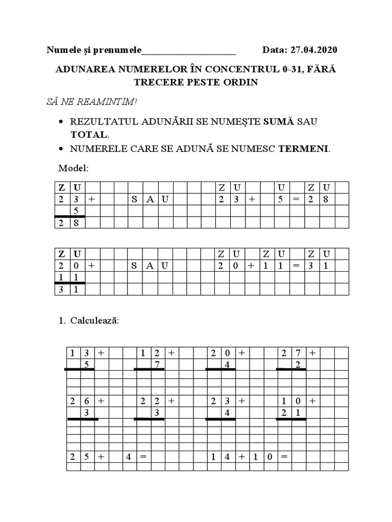 Adunarea Si Scaderea Numerelor 0-31 | PDF