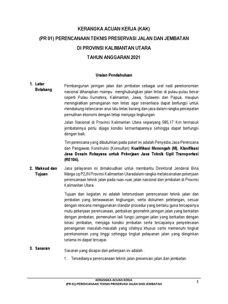 Kak PR 01 Perencanaan Teknis Preservasi Jalan Dan Jembatan | PDF