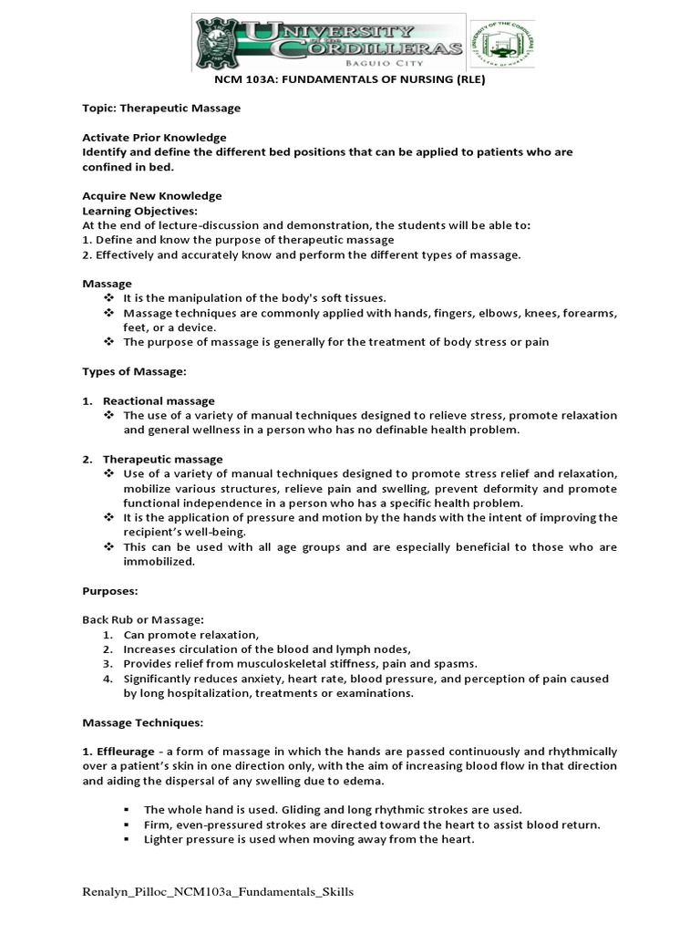NCM 103a Module 12 Massage PDF | PDF | Massage | Clinical Medicine