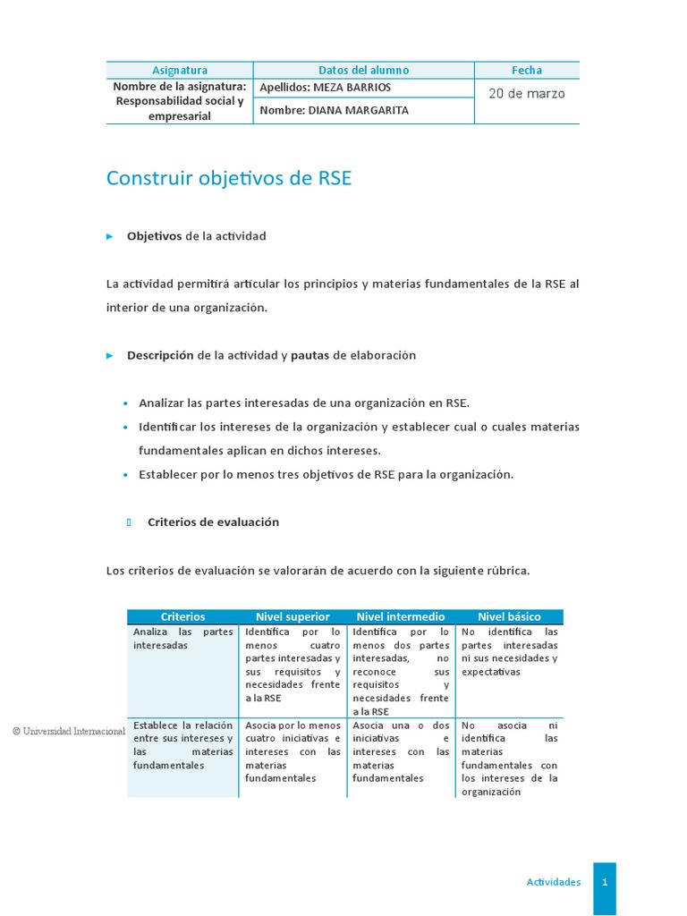 Actividad 1 Construir Objetivos de RSE (Enviada 16 de Marzo) | PDF