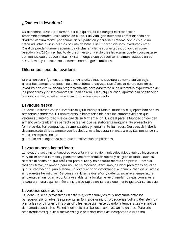 Qué Es La Levadura Pdf Levadura Panes