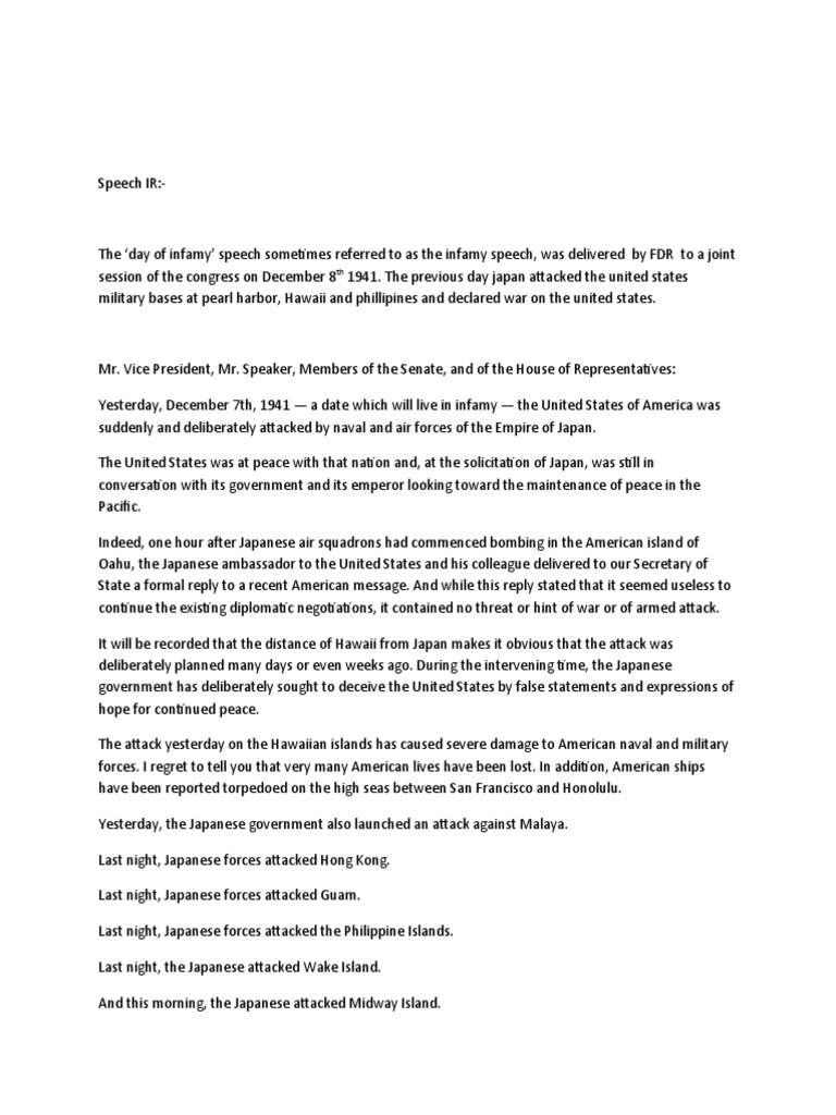 FDR's Infamy Speech: War Declaration | PDF | International Relations ...