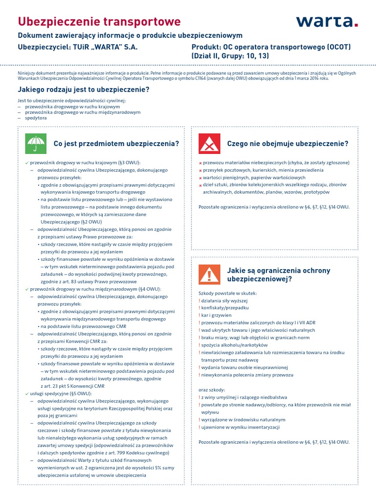 WARTA OWU OC - Operator Transportowy - C1164 - Int - Ipid | PDF