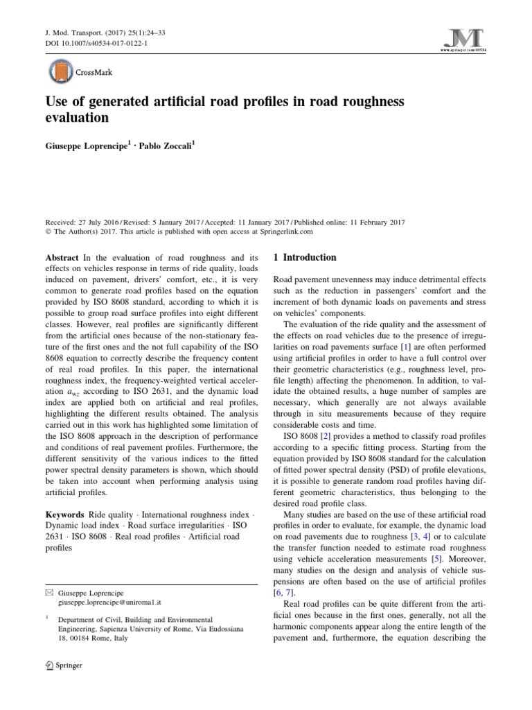 Use of Generated Artificial Road Profiles in Road Roughness Evaluation ...