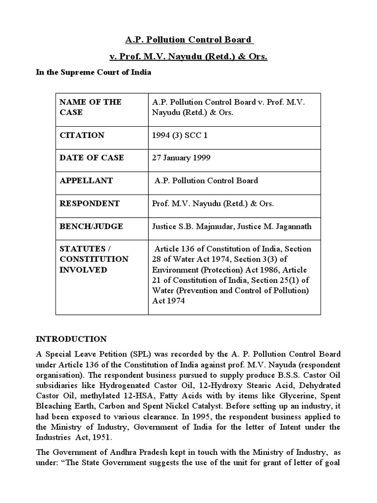 A.P. Pollution Control Board v. Prof. M.V. Nayudu (Retd.) & Ors | PDF ...