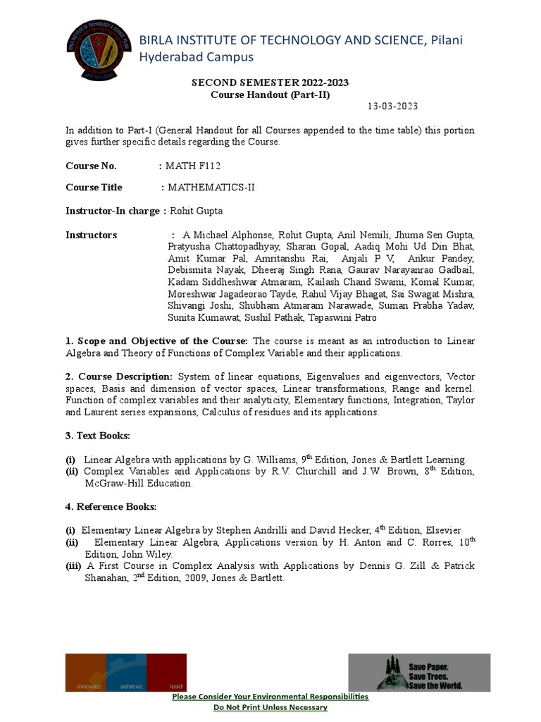 MATH F112 - Handout - 2022-23 | PDF | Matrix (Mathematics) | Linear Map