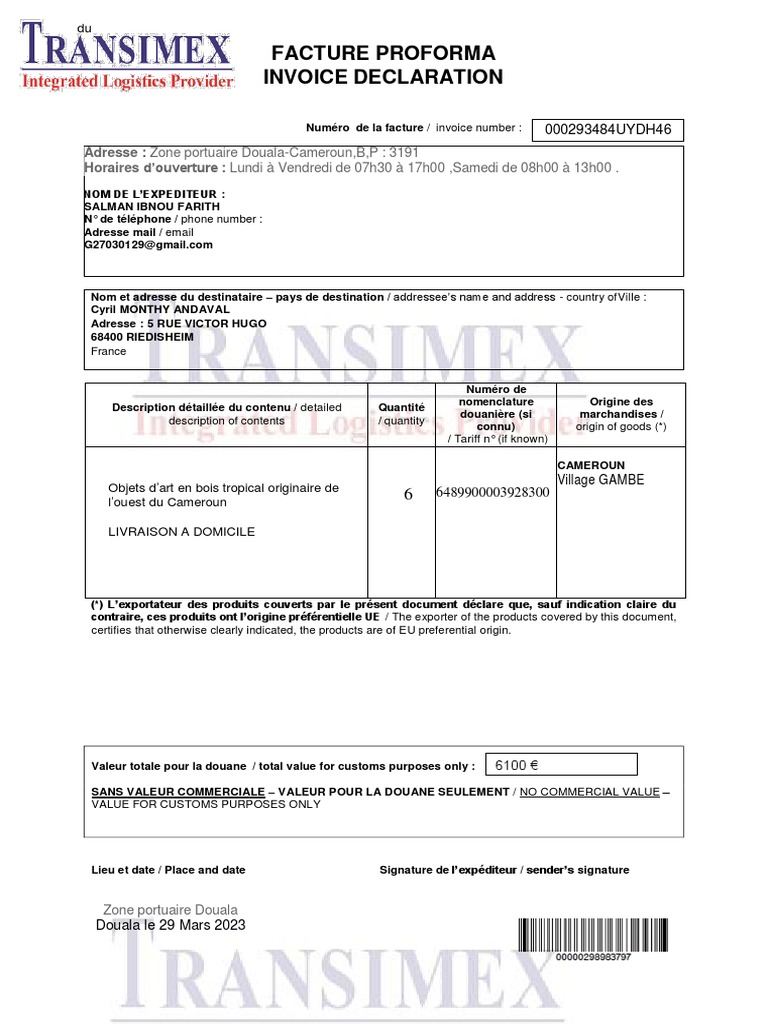 Facture Proforma pour Douane Cameroun | PDF