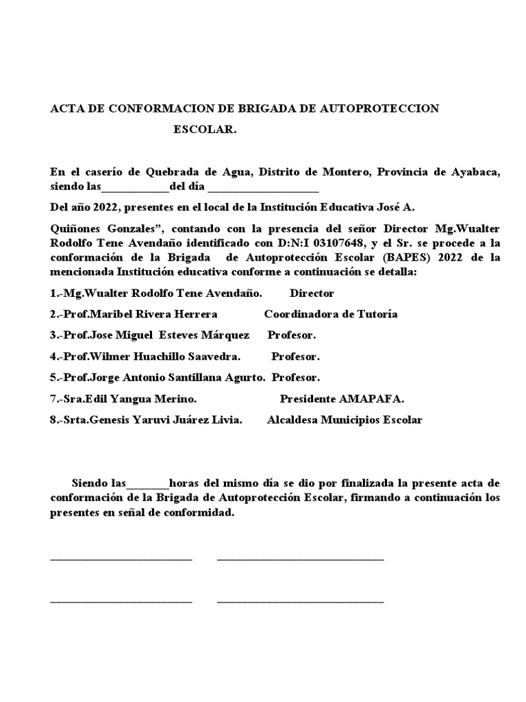 Acta de Conformacion de Brigada de Autoproteccion 2022 | PDF Acta de Conformacion de Brigada de Autoproteccion 2022 | PDF