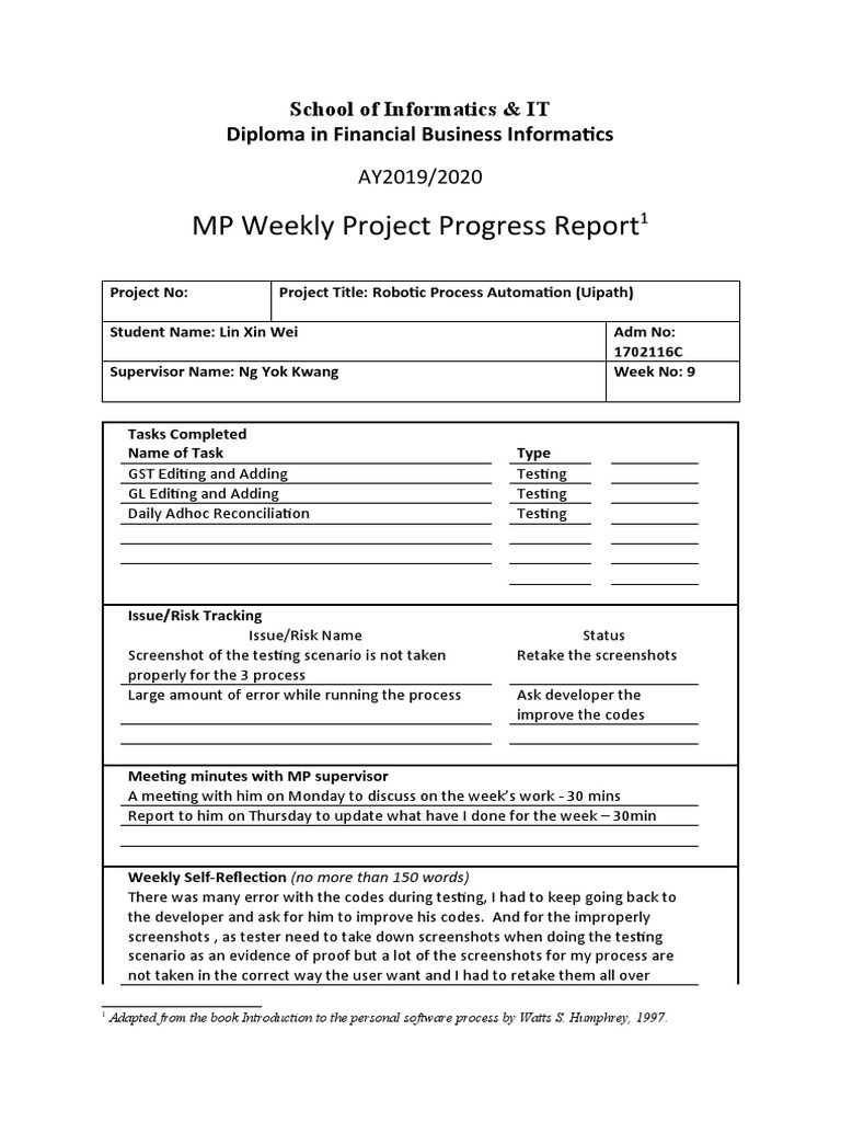 Weekly Progress Report on RPA Project | PDF | Business | Technology ...