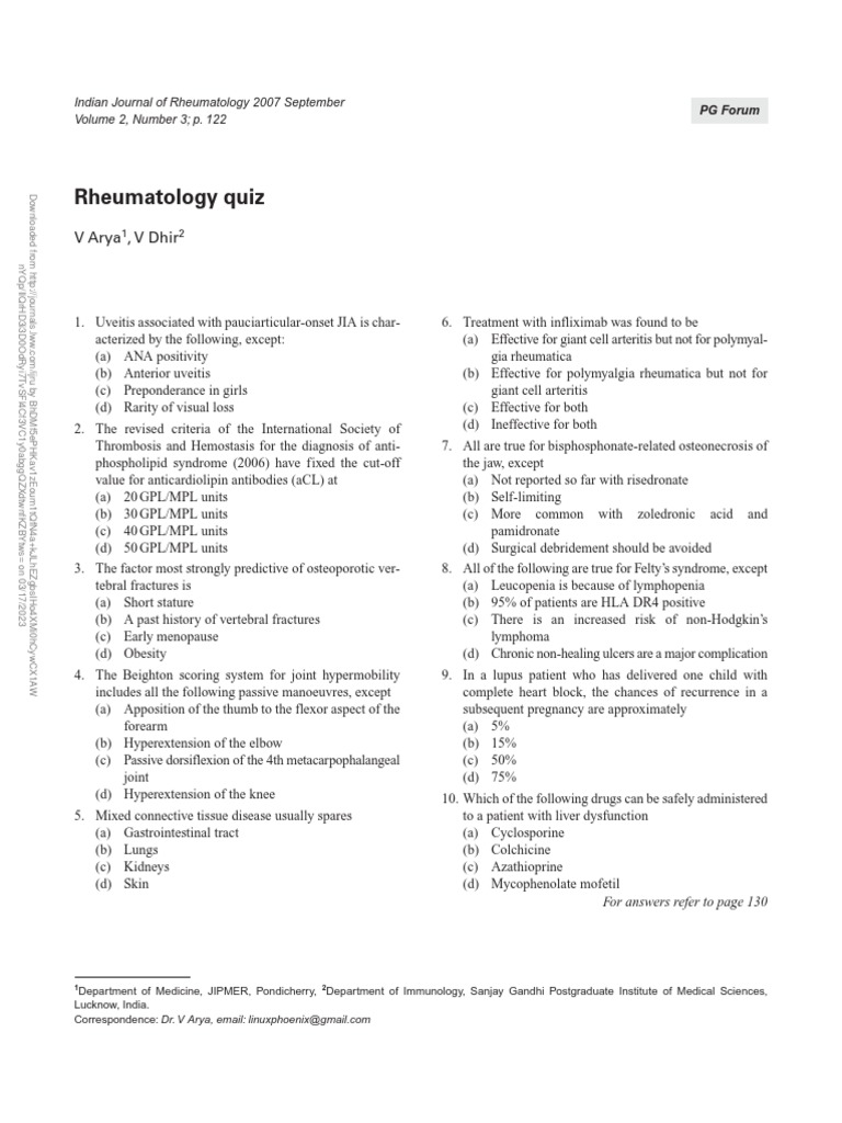 Rheumatology Quiz and Answers | PDF | Diseases And Disorders | Health ...