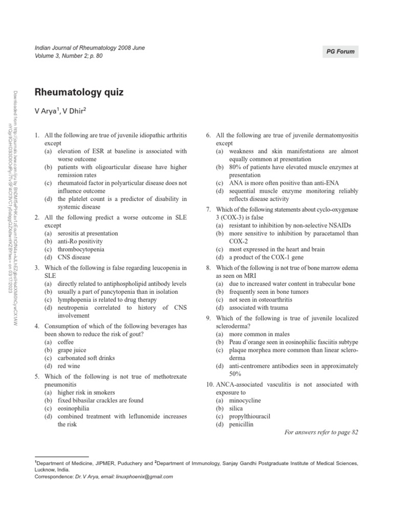 Rheumatology Quiz.8 | PDF | Gout | Rheumatoid Arthritis