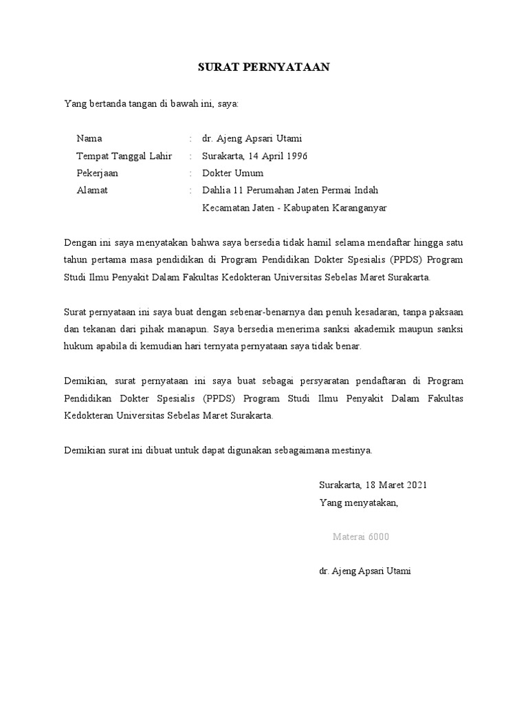 Surat Pernyataan Tidak Hamil PPDS | PDF