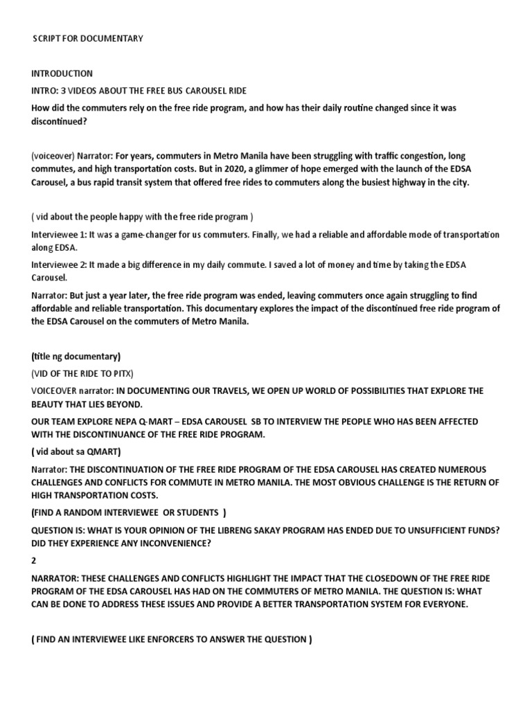 Sample Script For Documentary | PDF | Commuting | Transport