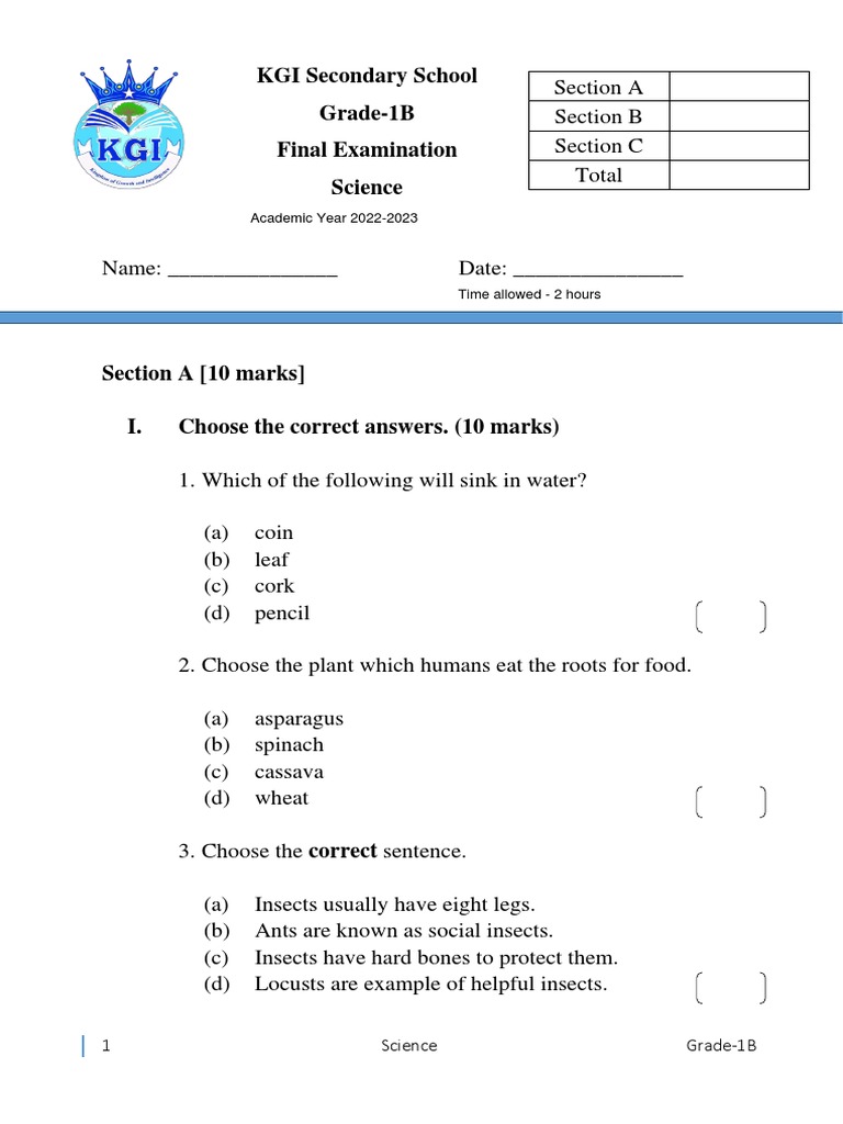 1B Science Final Exam | PDF