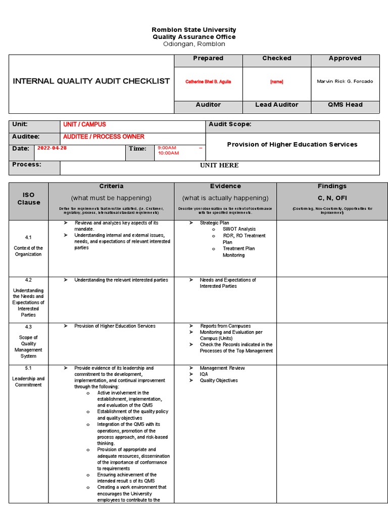 CHECKLIST FOR OFFICE OF THE CAMPUS DIRECTOR - For Auditor Use 2 | PDF | Audit | Quality ...
