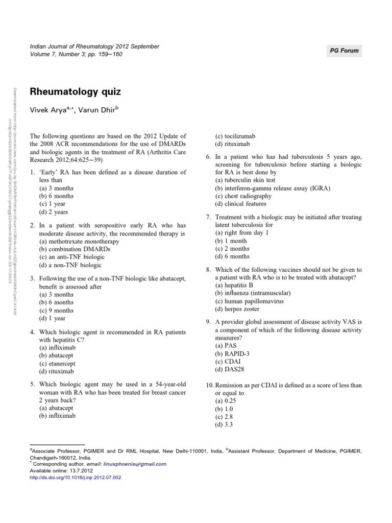 Rheumatology Quiz.7 | PDF | Tuberculosis | Rheumatology
