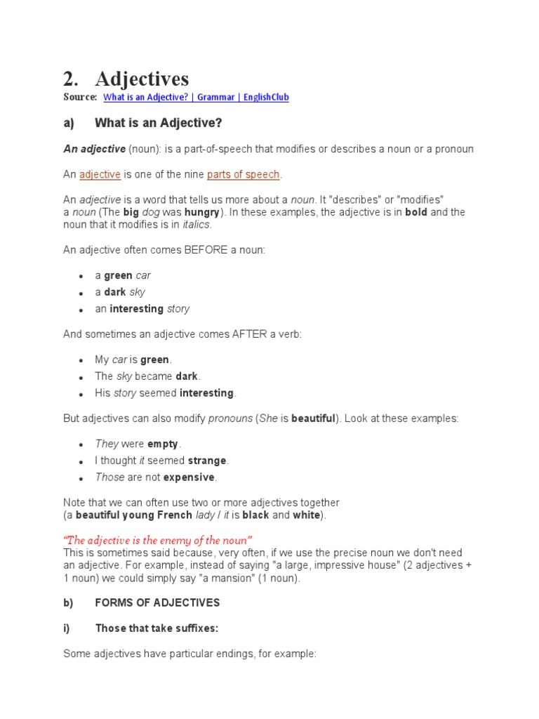 English Adjective Notes PDF | PDF | Adjective | Noun